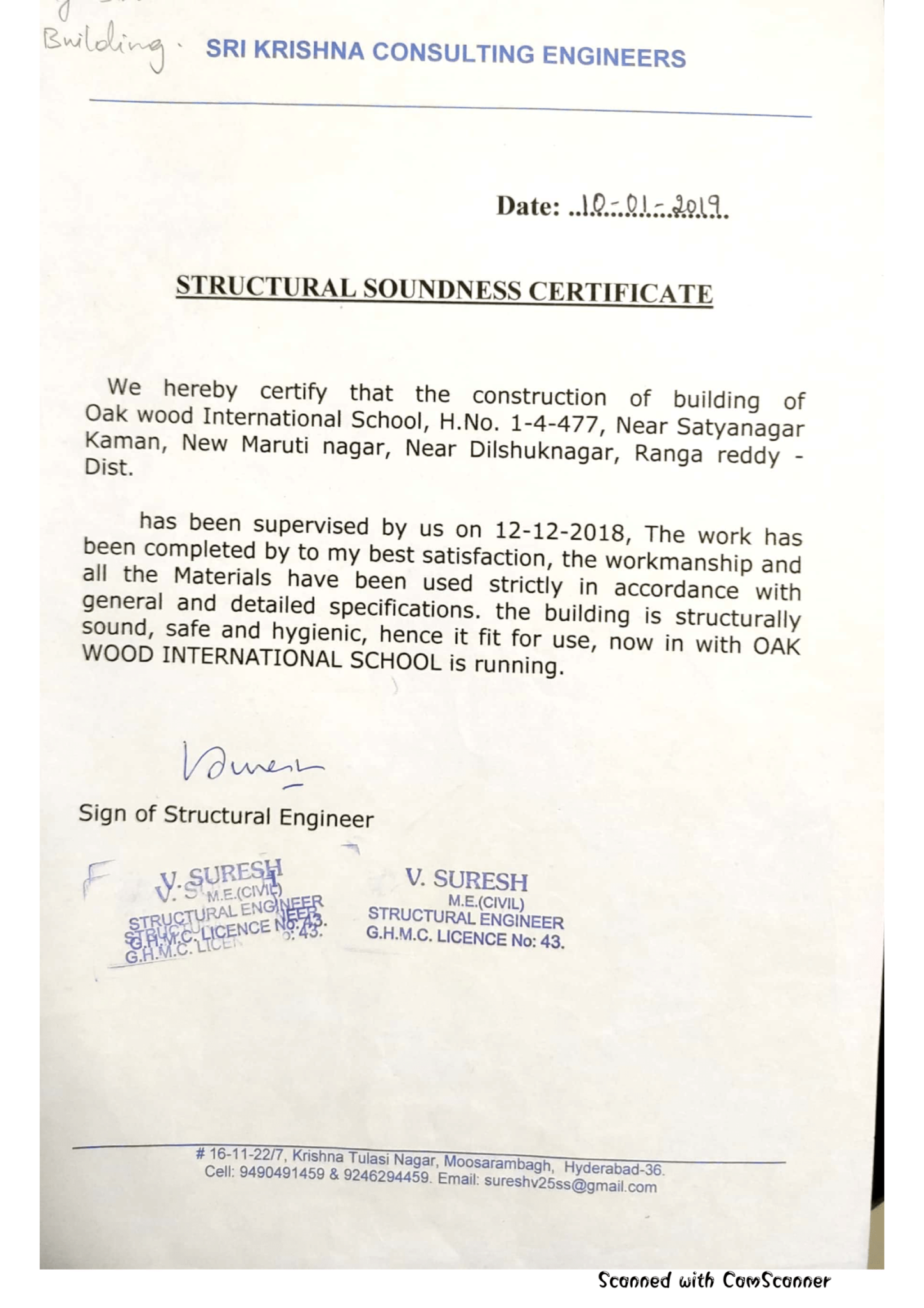 Building Safety Certificate - Oakwood International School