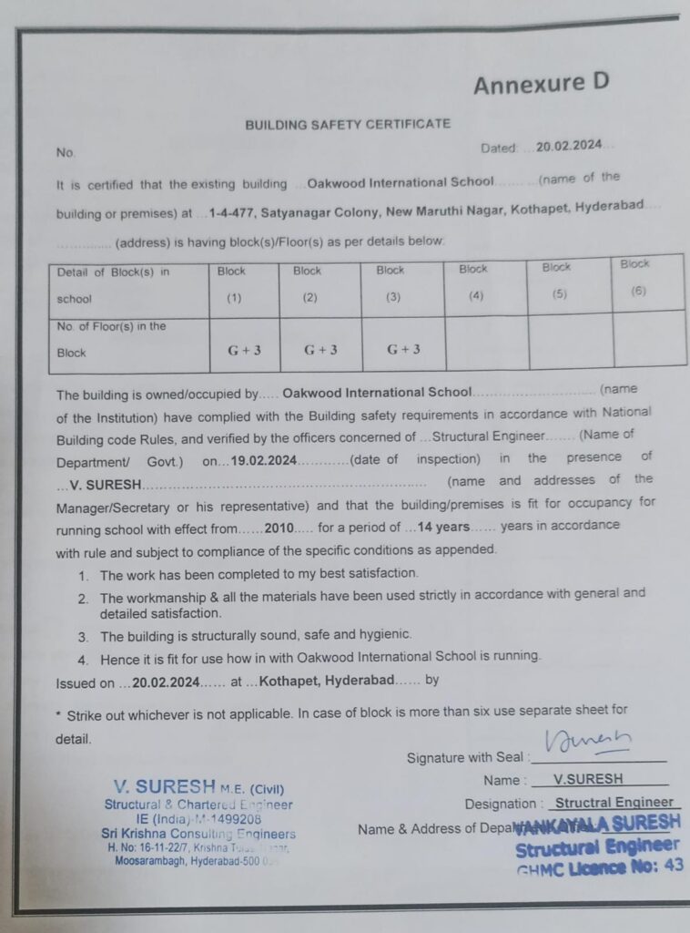 Building Safety Certificate - Oakwood International School