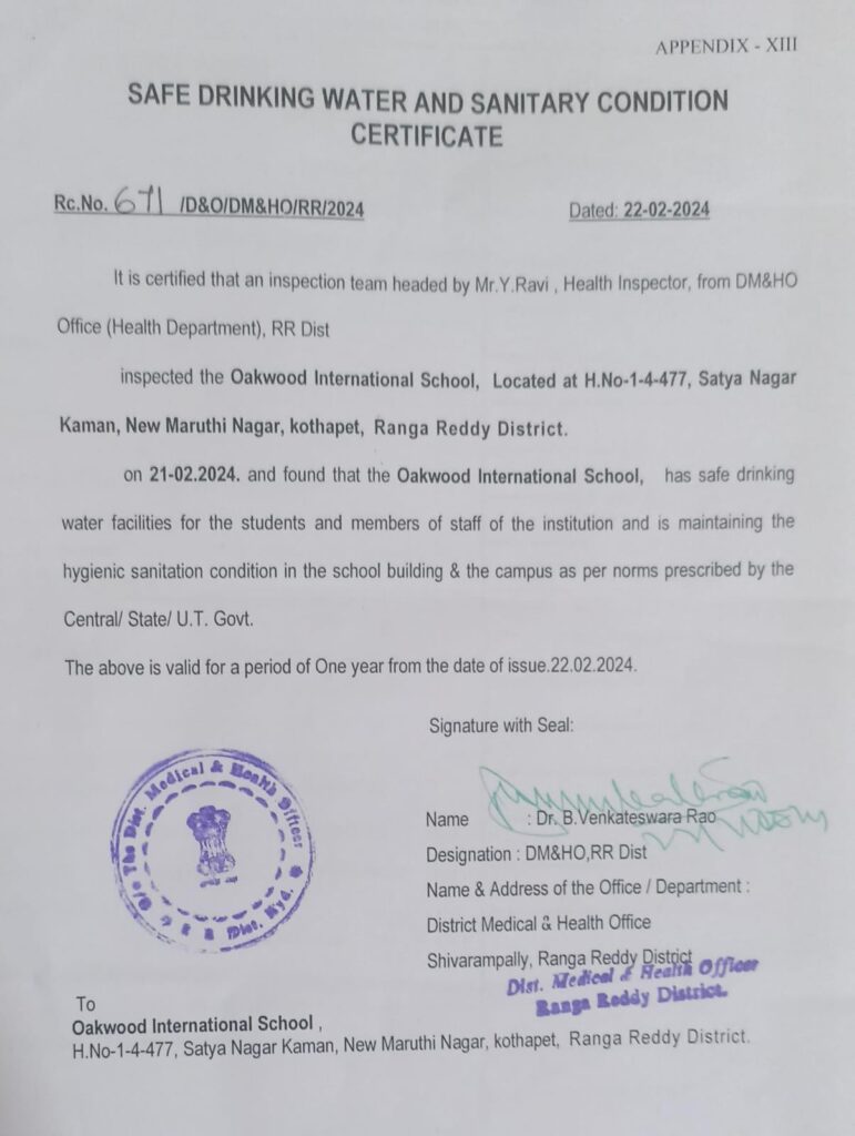 Health and Sanitation Certificate - Oakwood International School